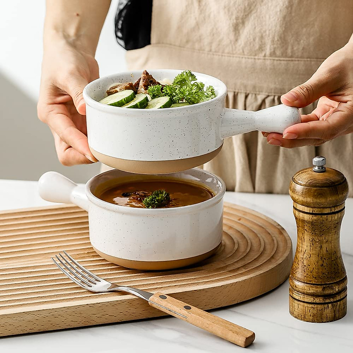 HVH French Onion Soup Bowls With Handles Microwave Safe, Ceramic Soup Bowl Set of 4, 15 Oz Soup Crocks for Oatmeal, Stew, Chili, Dessert, Farmhouse Style (White)