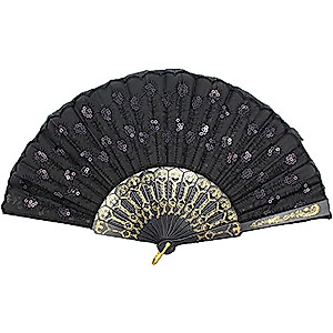 Hithop Hand Fan (Black) - Elegant Fabric Folding Hand Fan - Snaps Open, Easy to Handle. Cools effortlessly. Perfect Ballet and Dance Fan.