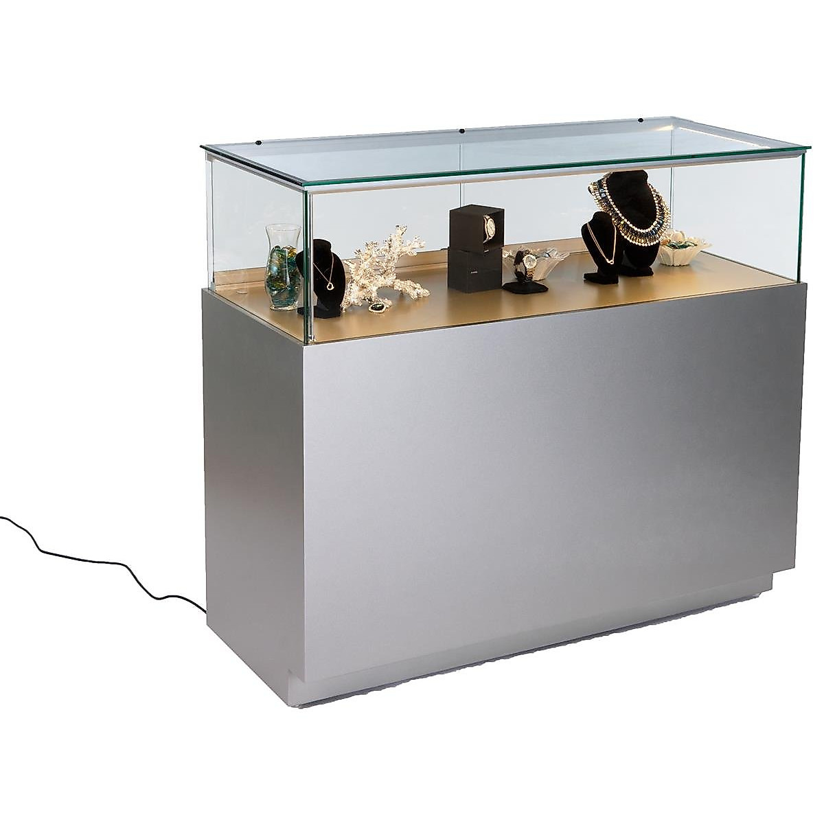 Displays2go Glass Merchandise Counter, Laminated MDF, Tempered Glass – Silver (GTLEDQ4SLV)