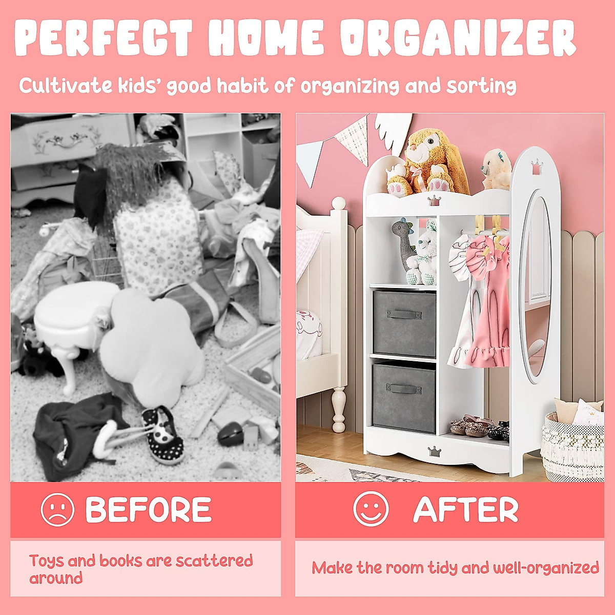 Costzon Kids Dress up Storage Wardrobe, Toddler Armoire Dresser Wardrobe W/Mirror & Cloth Hanger, Cute Crown Patterns, Pretend Costume Closet Toy Organizer, Perfect for Kids Bedroom, Playroom (White)