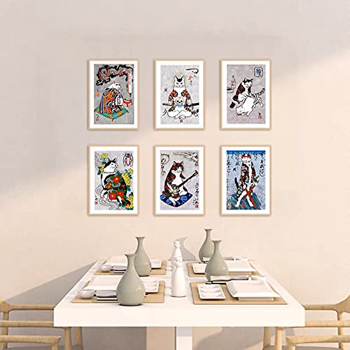 DALIHEBO Japanese Art Tattoo Cat Painting Wall Retro Art Poster Set of 6 Prints UNFRAMED (8x11.8 inch)