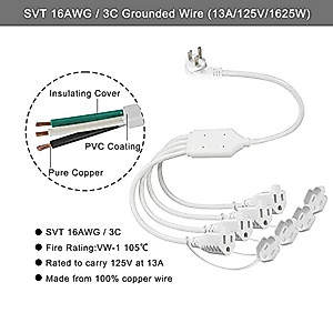 KUNCAN 4 Way Power Splitter - 45 Degrees Lower Right Corner Downward Angled US Flat Plug 1 to 4 Extended Outlets Male to Female SVT 16AWG Extension Cable Strip for Home, Office, School (White 2-Pack)