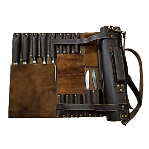 PROFESSIONAL CHEF Lightweight Genuine Premium Dark Brown Leather Large Chef Knife Bag/Knife Roll 16 Slots Space #K015