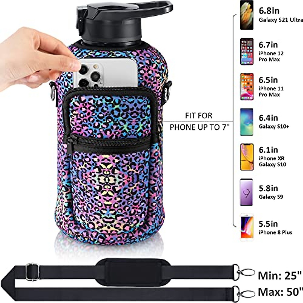 Fimibuke 64 OZ Water Bottle with Handle & Straw, Leakproof Motivational Sports Gym Water Bottle with Time Marker, BPA Free, Neoprene Holder, Leopard