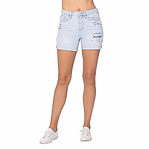 Judy Blue Women's High-Rise Cuffed Printed Lining Shorts (Light Blue, Large)