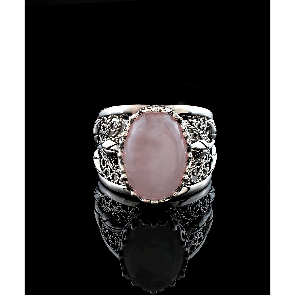 Filigranist 925 Sterling Silver Filigree Art Lace Embroidery Tulip Detailed Women Cocktail Ring with Rose Quartz Gemstone, Luxurious Gift Packed (Rose Quartz, 8)