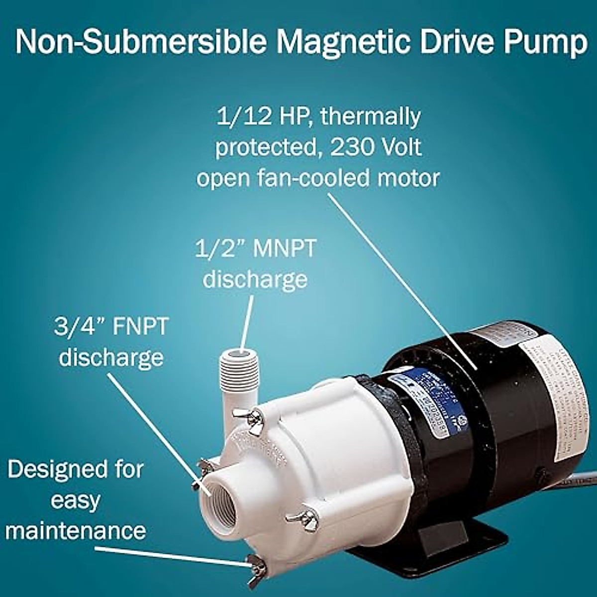 Little Giant 230 Volt, 1/12 HP, 750 GPH 3-MD-SC Semi-Corrosive Chemical Magnetic Drive Pump, 6-Foot Cord (Plug-less), Black/White, 581513