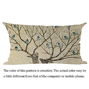 Ramirar Watercolor Sika Deer Blue Birds Retro Green Brown Background Fall Decorative Lumbar Throw Pillow Cover Case Home Living Room Bed Sofa Car Cotton Linen Rectangular 12 x 20 Inches