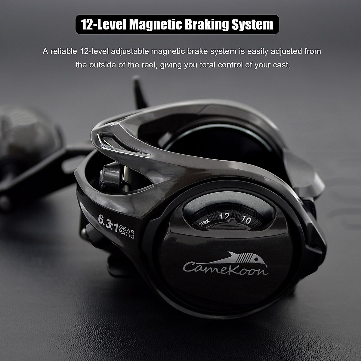 CAMEKOON Carbon 300 Baitcasting Fishing Reel, High Line Capacity Baitcaster Reels, 6.3:1 Gear Ratio, 10+1 Stainless Steel Ball Bearings, 10 Button Magnetic Brakes, Carbon Fiber Frame and Side Covers