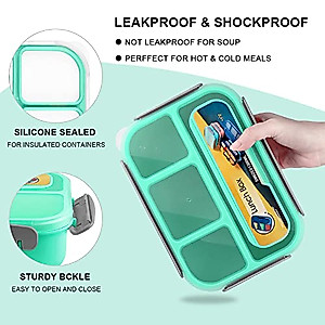 BentoMoment Bento Lunch Box, 4 Compartments Lunch Box Containers for Adults, 5 Cups Bento Box with Utensils& Fruit Fork, Cute Snack Lunch Box, Leakproof Microwave Safe Bento Boxes, Green