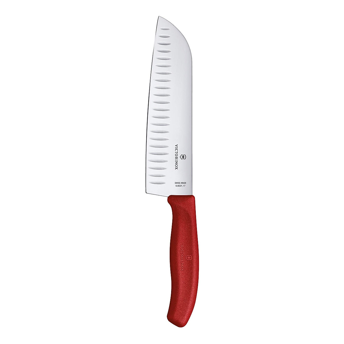 Victorinox 6.8521.17G Swiss Classic Santoku Knife for General-Purpose Slicing, Dicing, Mincing, and Everything In Between Fluted Edge Blade in Red, 6.7 inches