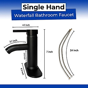 Matte Black Bathroom Faucet - Single Handle Vessel Sink Faucet for 1 and 3 Holes with 6 Inch Deck Plate & 24 Inch Hose - Mixer Vanity Faucet for Bath and RV Sinks