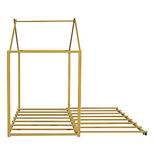Merax Metal Twin Size House Platform Bed with Trundle, Floor Bed Frame with Roof & Slat, Twin to King Design Playhouse Beds for Kids, Gold