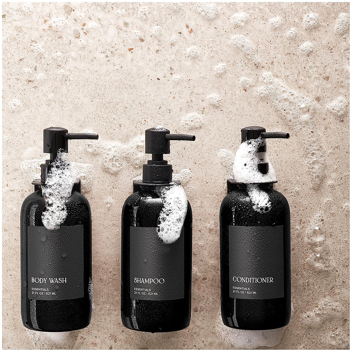 Stylish Shampoo and Conditioner Dispenser Set of 3 for Wall Mount - Modern Drill Free 21oz Shower Soap Bottles with Labels - Easy Refill Body Wash Dispensers for an Instant Bathroom Decor Upgrade