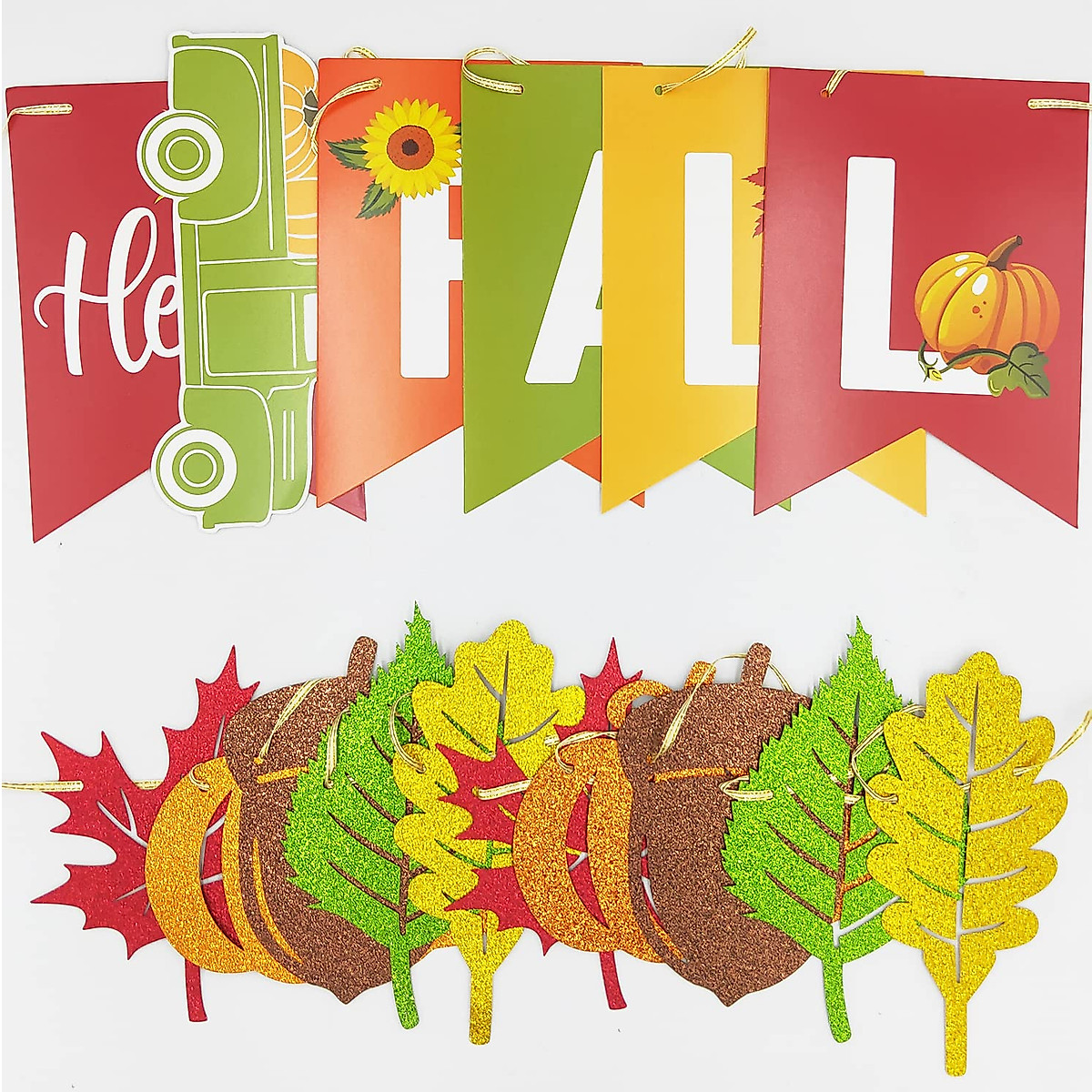 CAVLA Hello Fall Banner and Glittery Maple Leaves Pumpkin Acorns Patterns Banner Autumn Harvest Bunting Banner with Pumpkin Truck Signs Fall Thanksgiving Party Banner for Wall Mantel Fireplace Party