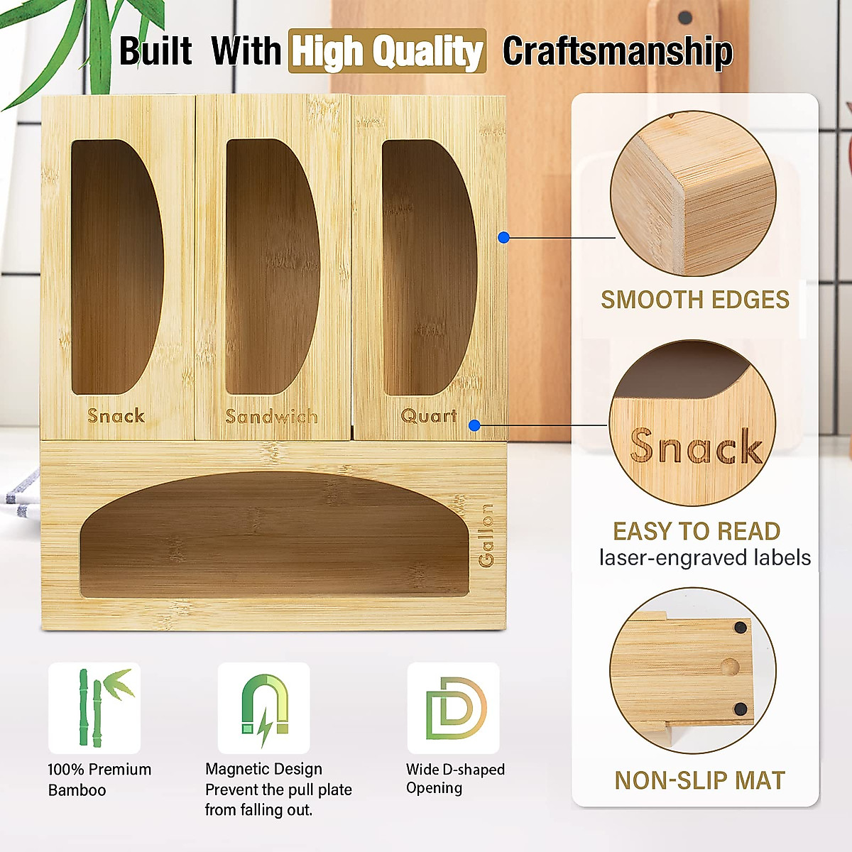 Ziplock Bag Bamboo Storage Organizer, 4PCS Plastic Bag Container Organizers for Kitchen Drawer with Removable Back, Suitable for Gallon, Quart, Sandwich, Snack, Slider Bags for Food Storage Bags