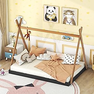 DEYOBED Full Size Tent Triangle Structure, Solid Wood Floor Bed Frame for Kids Boys Girls, No Box Spring Needed, Black+Brown