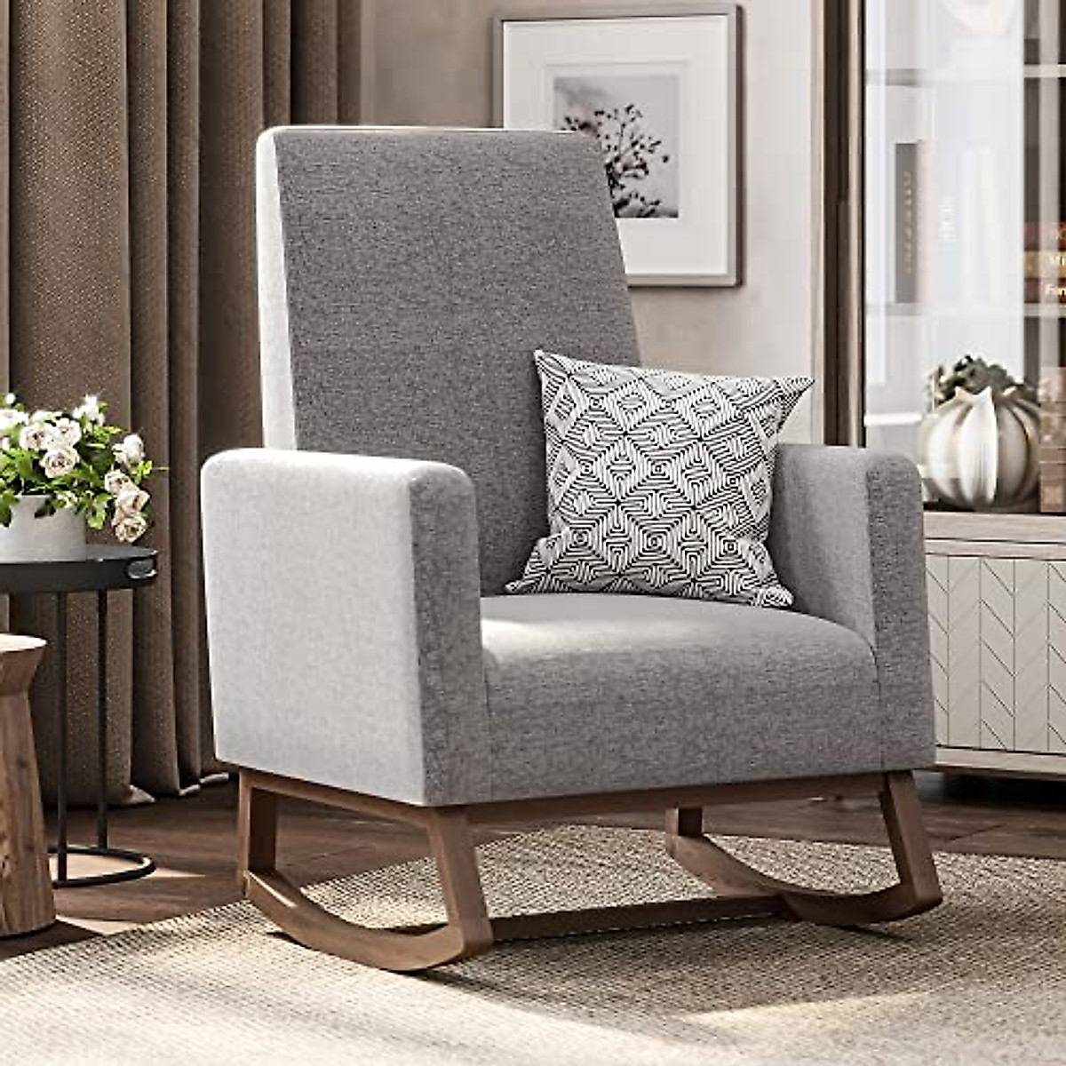 BELLEZE Modern Rocking Chair, Nursery Glider Rocker with Comfortable Padded Seat Solid Wood Base, Fabric Upholstery Arm Chair for Living Room Bedroom Baby Room - Felix (Gray)