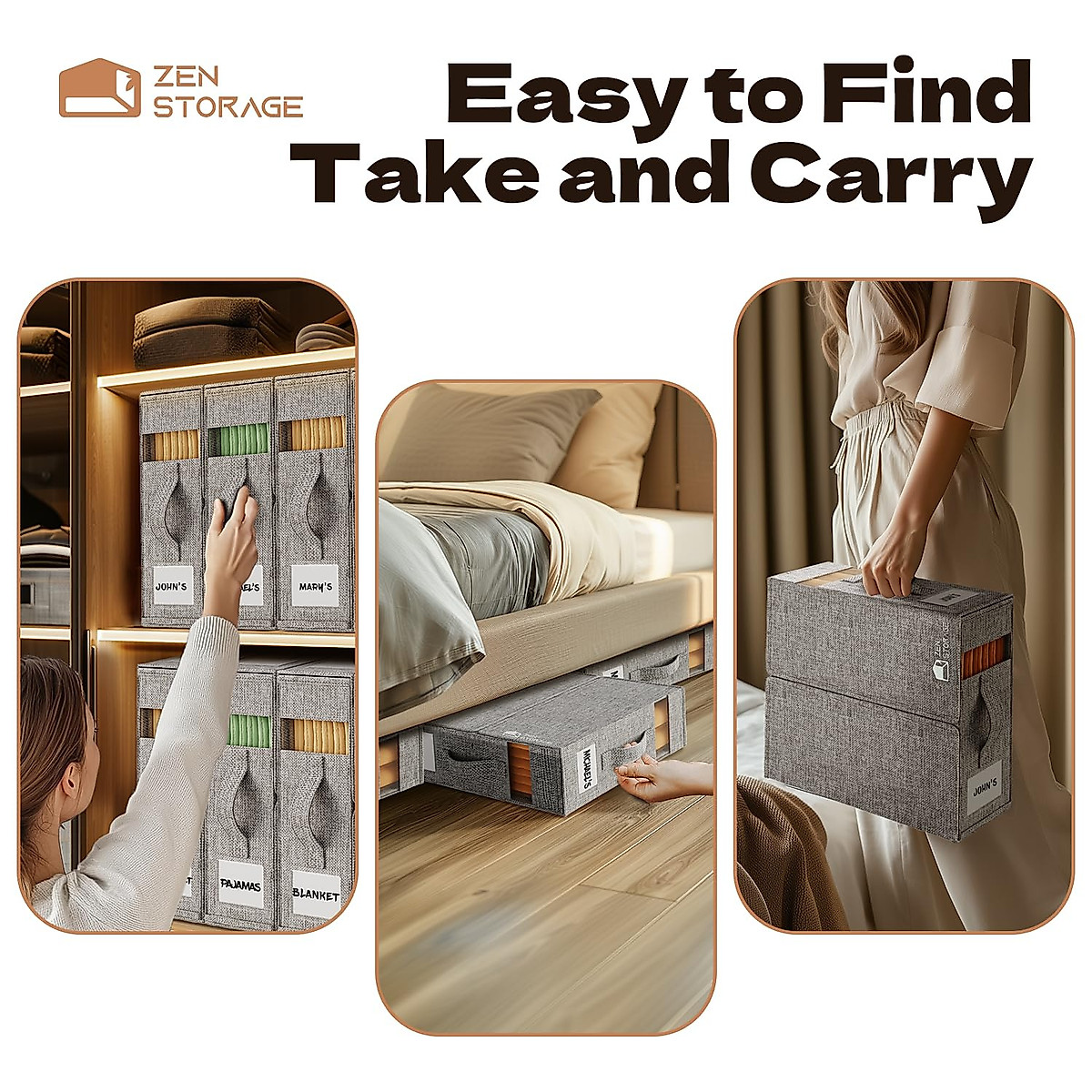 4 Pack Sheet Storage Box (King & Queen Size) with handle, Foldable Sheet Set Organizer for Closet, Sheet Organizer for Blanket, Coverlet and Towel,Beige