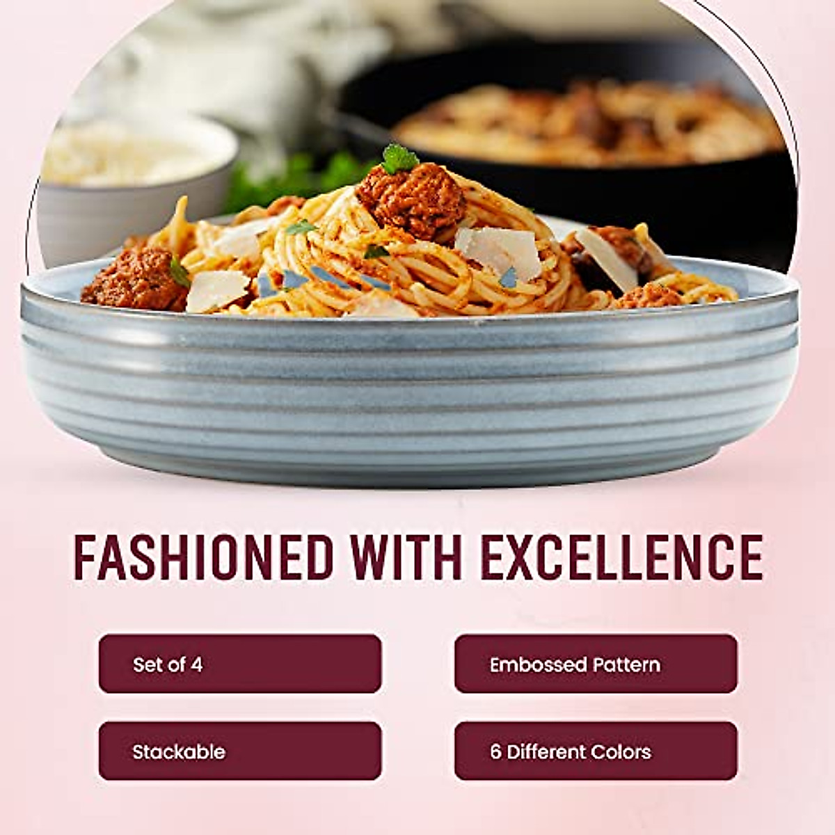 American Atelier Pasta Bowls Set of 4-20 oz, Microwave and Dishwasher Safe, Wide Shallow Stoneware Salad Bowl Set, Dinnerware Plates for Serving Dinner, Kitchen, and Eating (Light Blue)