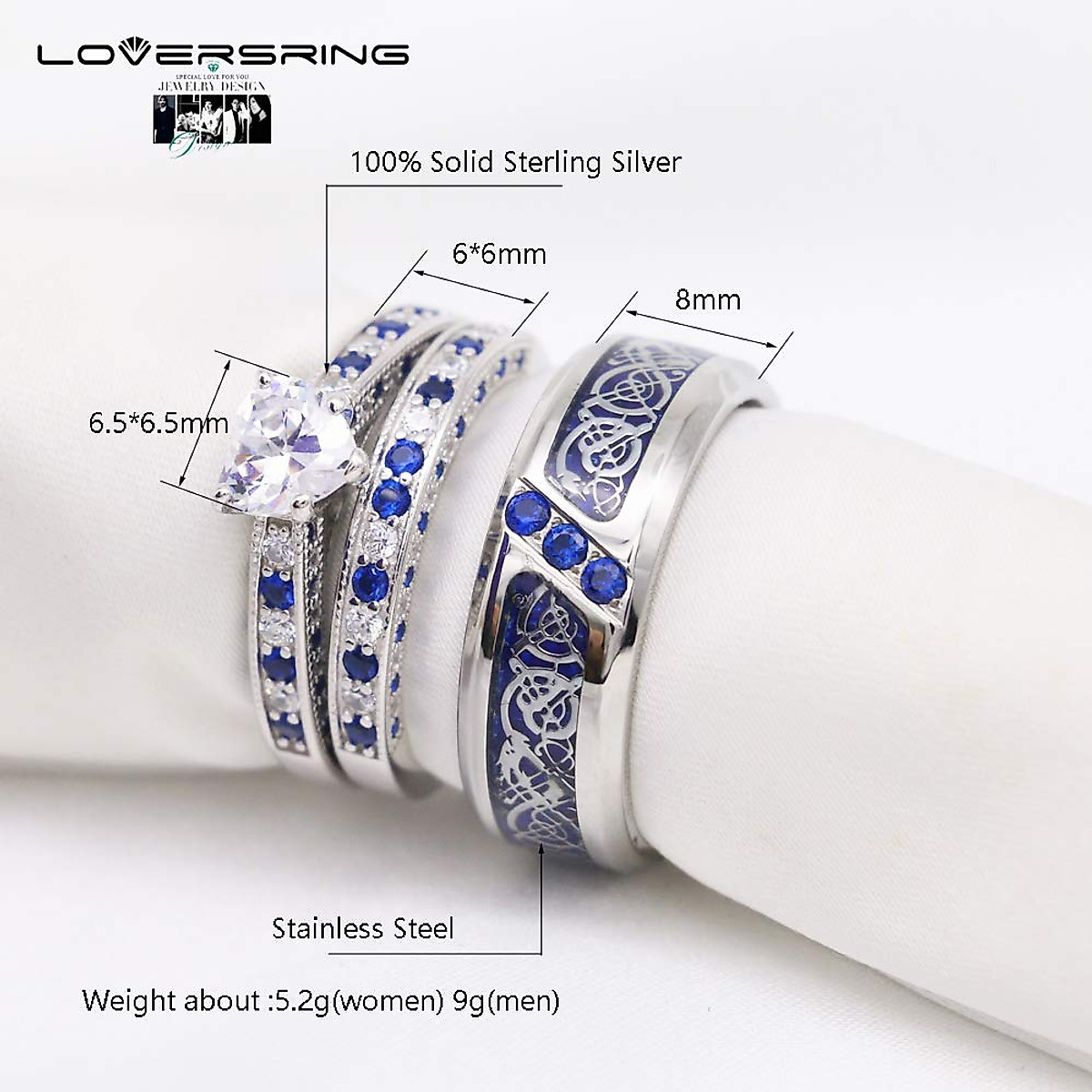 TWO RINGS Wedding Ring Sets His And Hers Promise Ring Couples Bridal Sets Women 925 Sterling Silver Heart Cz Man Stainless Steel Wedding Bands