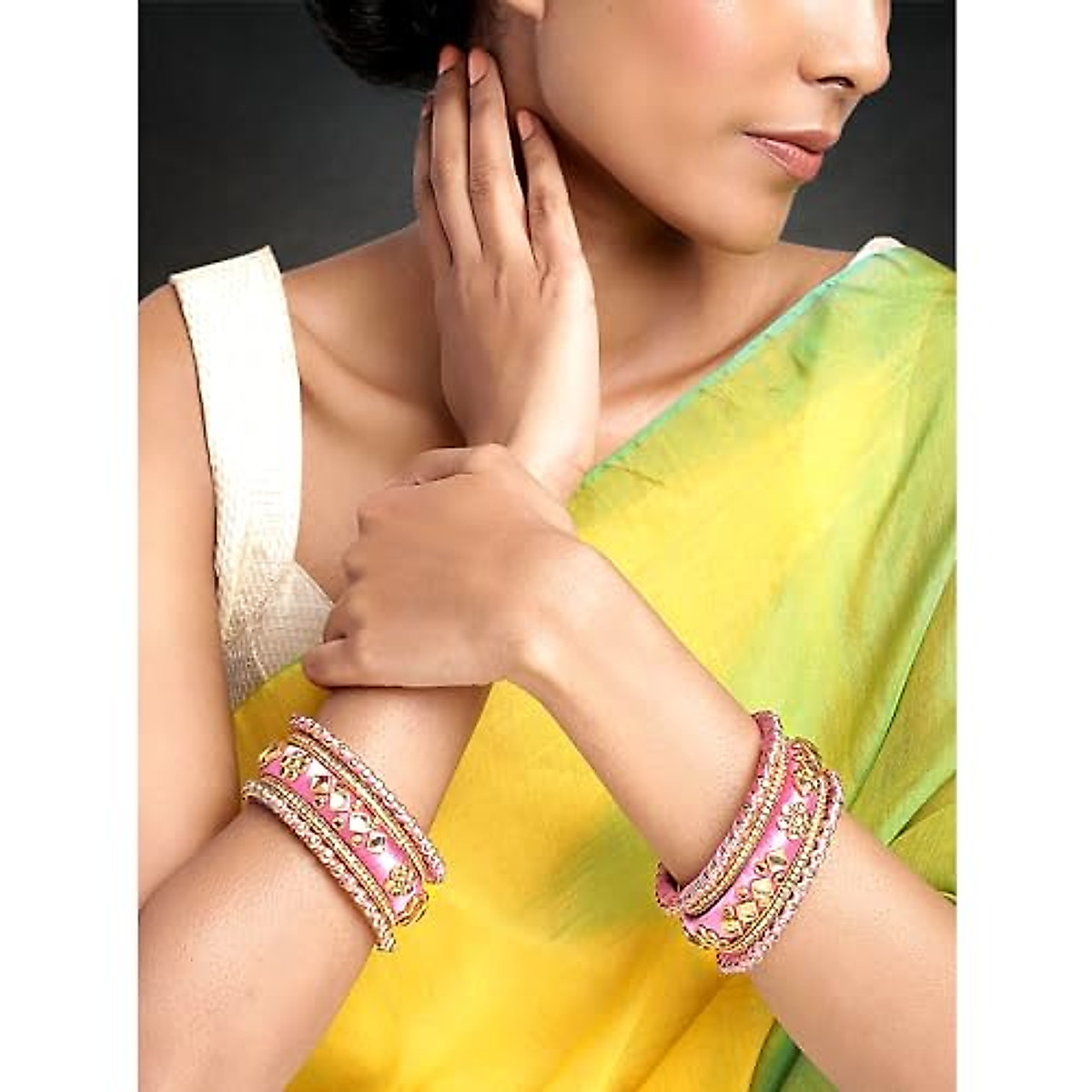 Aheli Ethnic Handmade Silk Thread Faux Stone Studded Bangle Set Chuda Indian Wedding Wear Fashion Jewelry for Women (Light Pink)