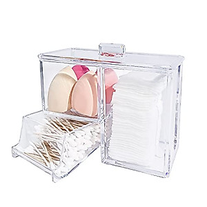 TECHMERI Cotton Swabs Holder Q Tips Holder Cotton Pads Holder Cotton Ball Holder Container with Lid Dispenser, Clear Bathroom Vanity Makeup Organizer