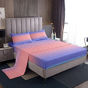 Kids Space Star Bed Sheets, Ombre Gradient Sheet Set Full Size Galaxy Fitted Sheet For Girls Boys Women Bedroom Decor, Starry Sky Bling Bedding Set 4 Piece With 2 Pillow Cases, Purple Pink