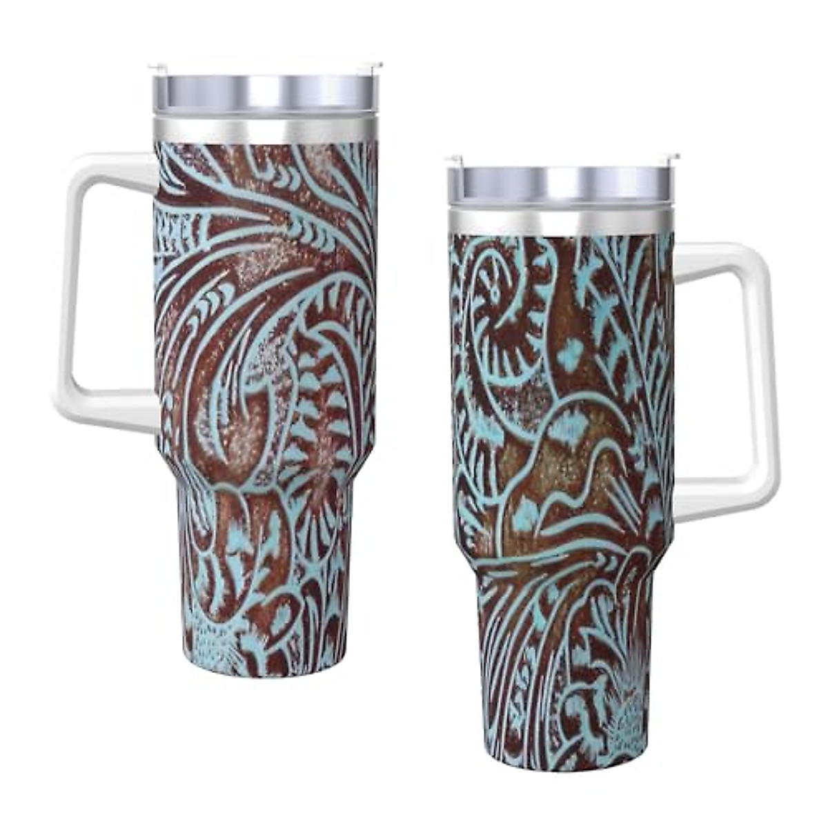 Xiexide 40oz Stainless Steel Hiking Rustic Western Country Turquoisen Cowboy Tooled Leather Double Walled Vacuum Insulatedith Handle And Straw,Hot & Cold Drinks