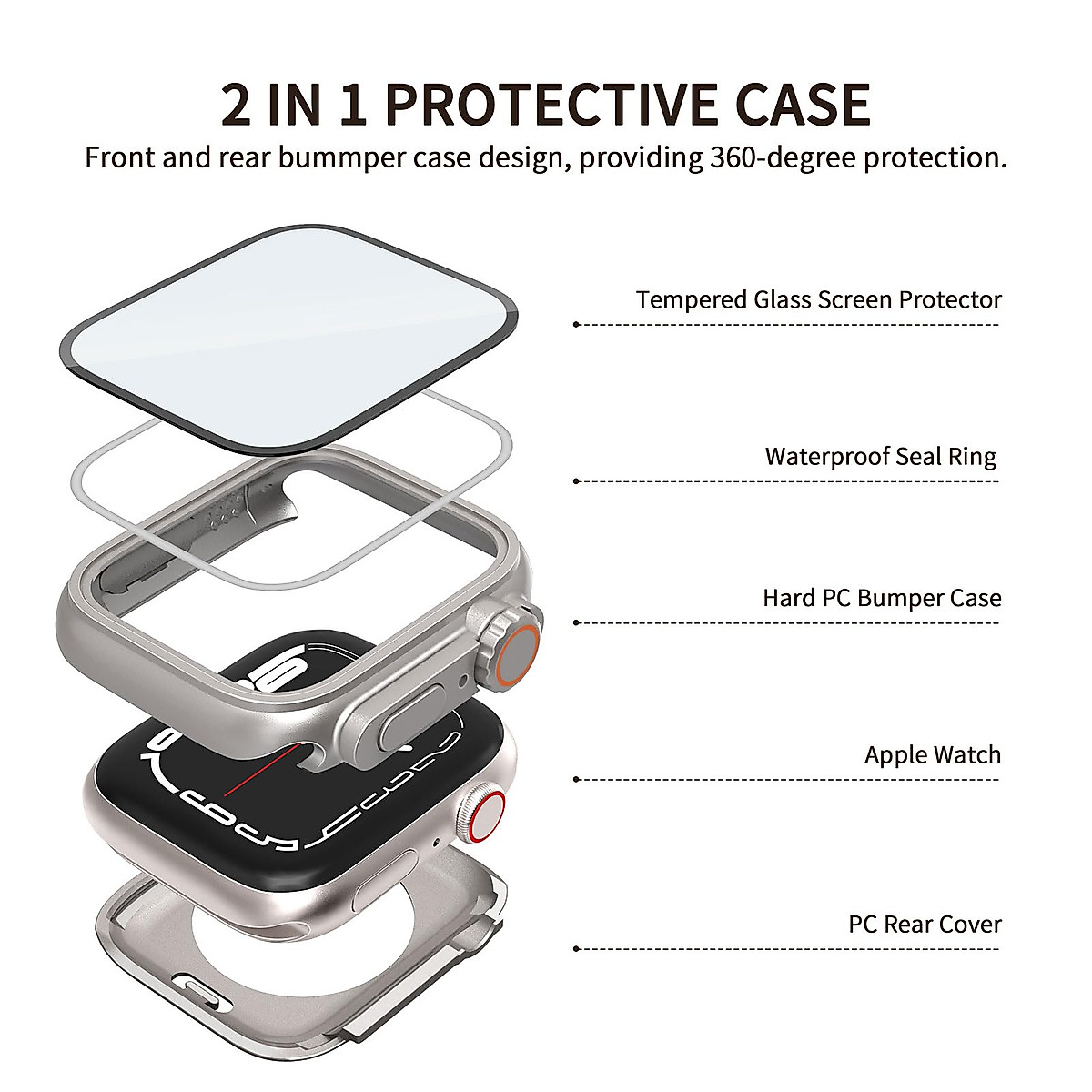Yolovie 2 in 1 Waterproof Case Compatible for Apple Watch 45mm Screen Protector Series 9/8/7 [ Looks Like Ultra Style Case ] iWatch Tempered Glass Protective PC Back Cover Accessories 45mm, Titanium