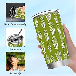 sanluoli Green Cactus Pattern Stainless Steel insulated coffee cup with Straw Lid coffee mug for men for gym leakproof straw tumbler 20 OZ