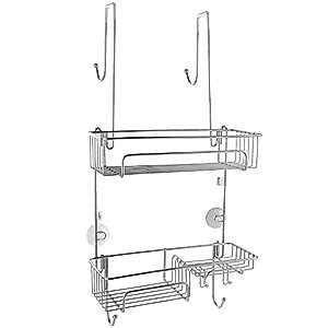 Shower Caddy over The Door, Stainless Steel Shower Caddy Organizer with Hooks for Razor, Bath Sponge & Towel, No Drilling, Heavy Duty/Rust Resistant Shower Caddy Storage Shelf for Bathroom/Toilet Room
