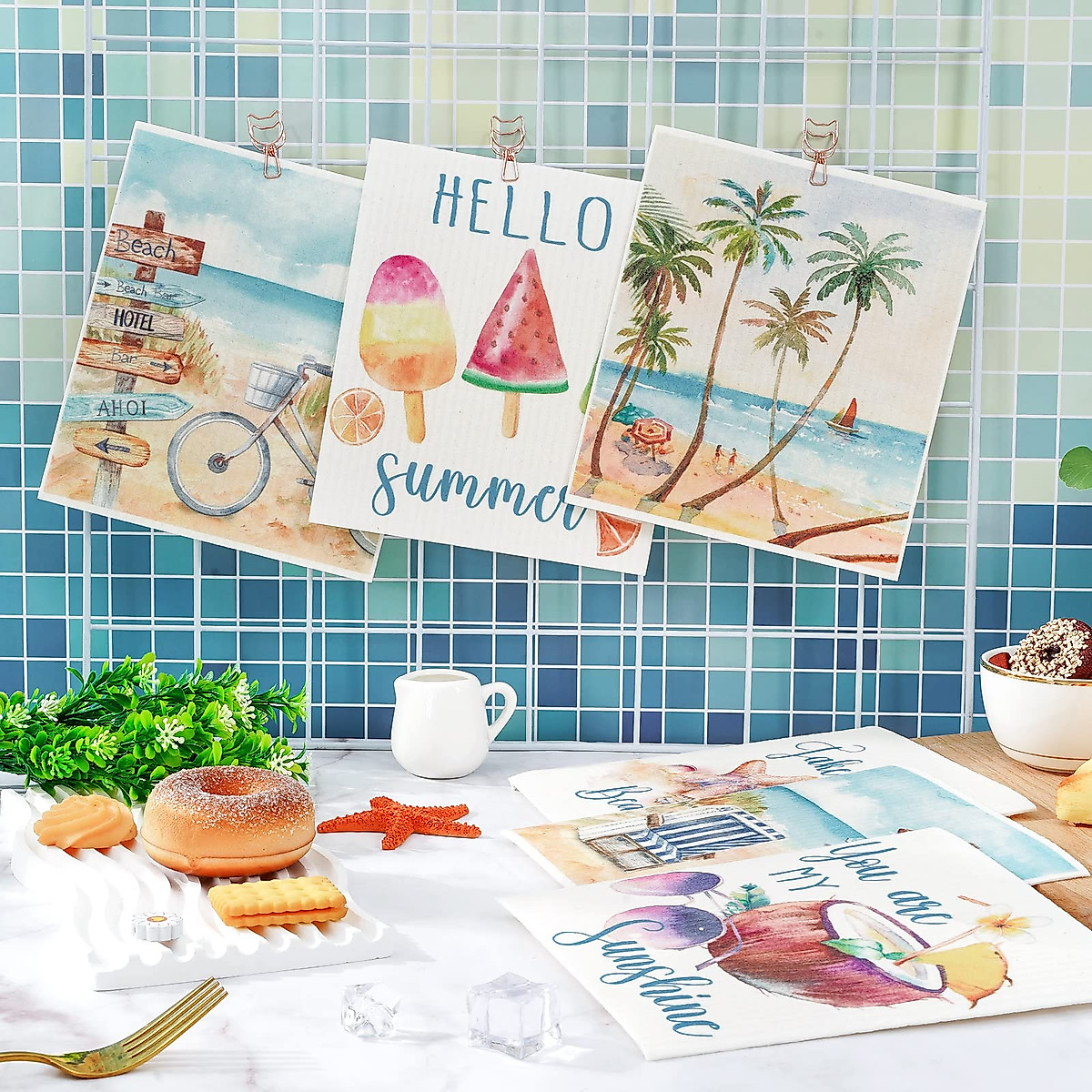 AnyDesign Summer Beach Swedish Kitchen Dishcloth Starfish Coconut Cotton Kitchen Towel You are My Sunshine Beach Life Absorbent Dish Towel for Housewarming Cleaning Wipes, 6Pcs, 7 x 8 Inch