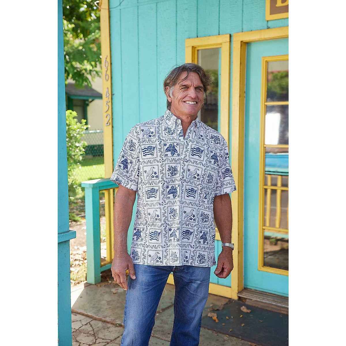 Reyn Spooner Men's Lahaina Sailor Tailored Button Front Hawaiian Aloha Shirt, White, XL