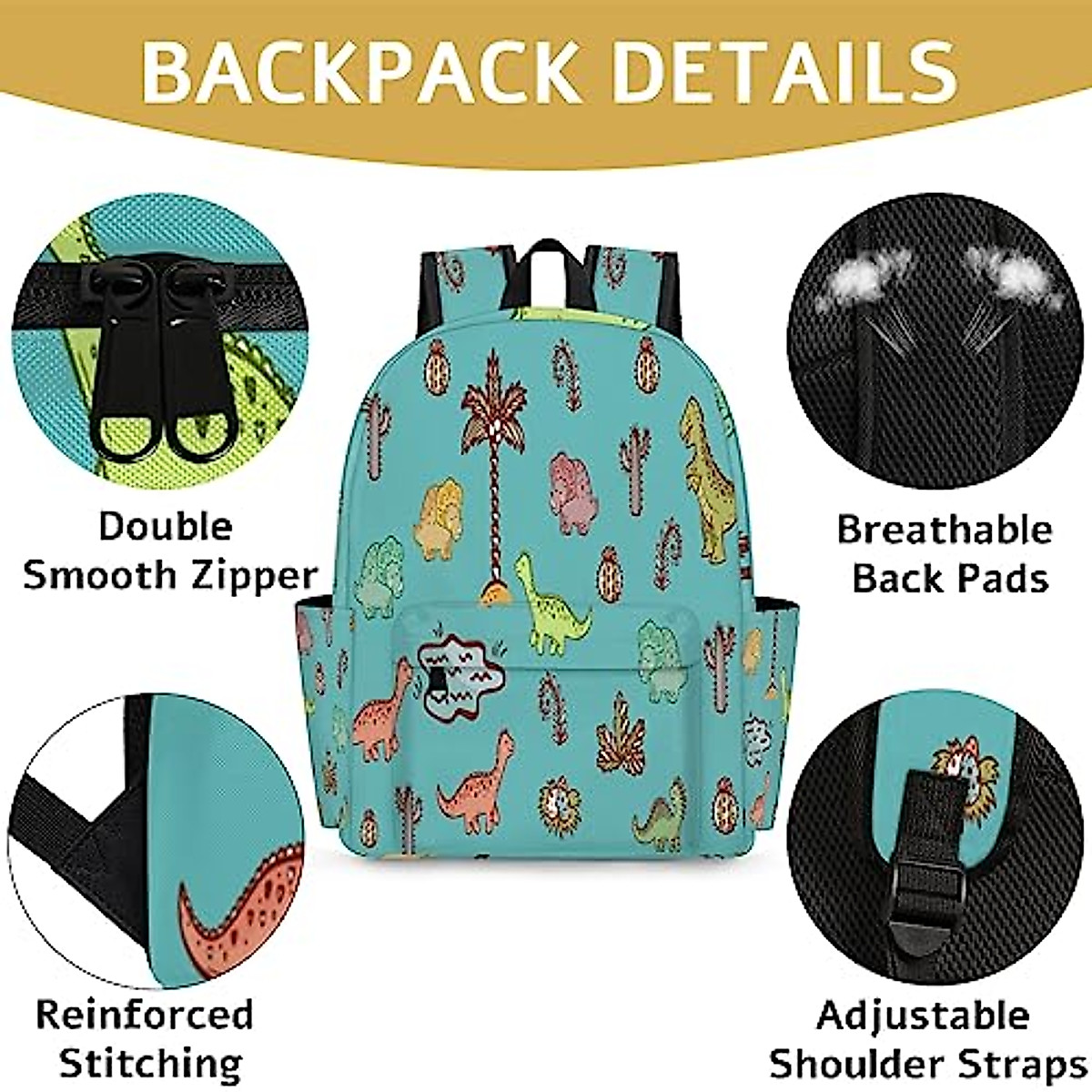 Bardic Backpack for Kids Kindergarten Boys Girls Backpack Metal Double Zipper Lightweight School Bookbag Travel Backpack - Dinosaurs,dino Cactus Cyan