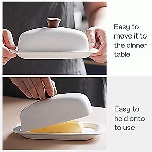 DOWAN Butter Dish with Lid, Ceramic Butter Keeper, 8 Inch Farmhouse Butter Holder with Handle Cover, Butter Container Perfect for East West Coast Butter, White