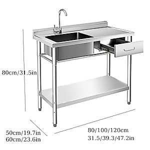 sdneNest Stainless Steel Kitchen Single Bowl Utility Sink with Hot & Cold Water Faucet - Left Slot Stainless Steel Outdoor Laundry Sink with Drawer.120x50x80cm