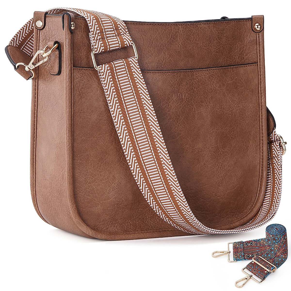Caitina Crossbody Bag For Women Vegan Leather Hobo Handbag Designer Crossbody Purses Bucket Bag For Women with 2PCS Adjustable Strap(Beige)