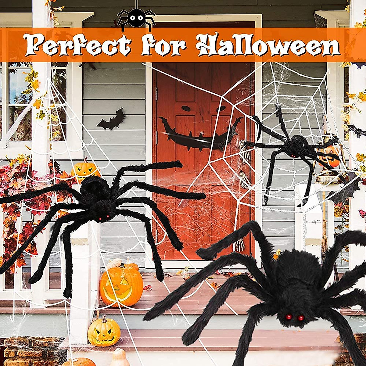 10 Pack Halloween Spider Decorations with 8 Giant Spider Halloween Spiders 400 sqft Stretch Cobwebs Spider Web 20 Small Plastic Spiders for Indoor Outdoor Halloween Decorations Yard Home Parties Décor