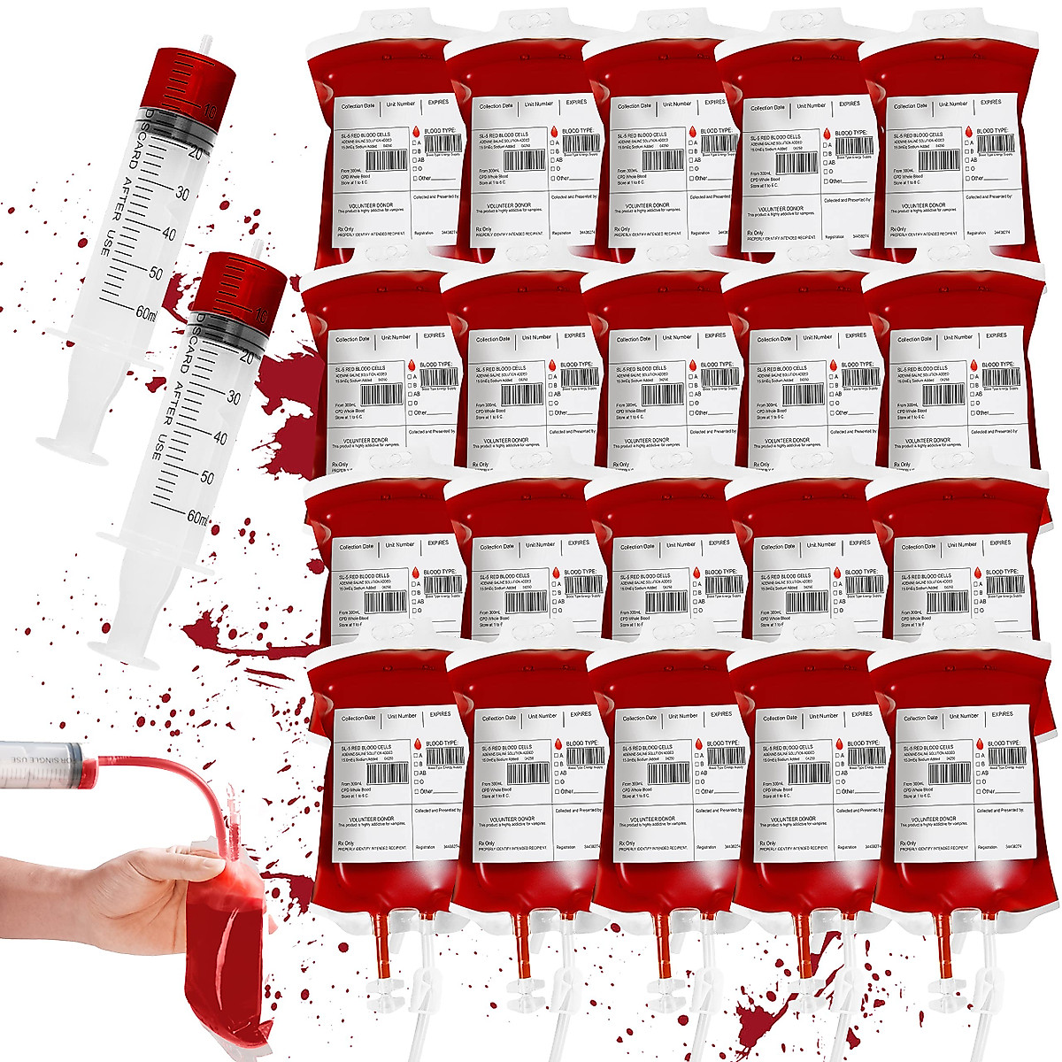 20 Packs Halloween Blood IV Bags for Drinks Reusable Container Drinks Pouches for Vampire Zombie Theme Party Decoration Supplies with Syringe and Clips, 10.15 fl.oz (20pcs Bag, 20 Label, 2 Syringes)