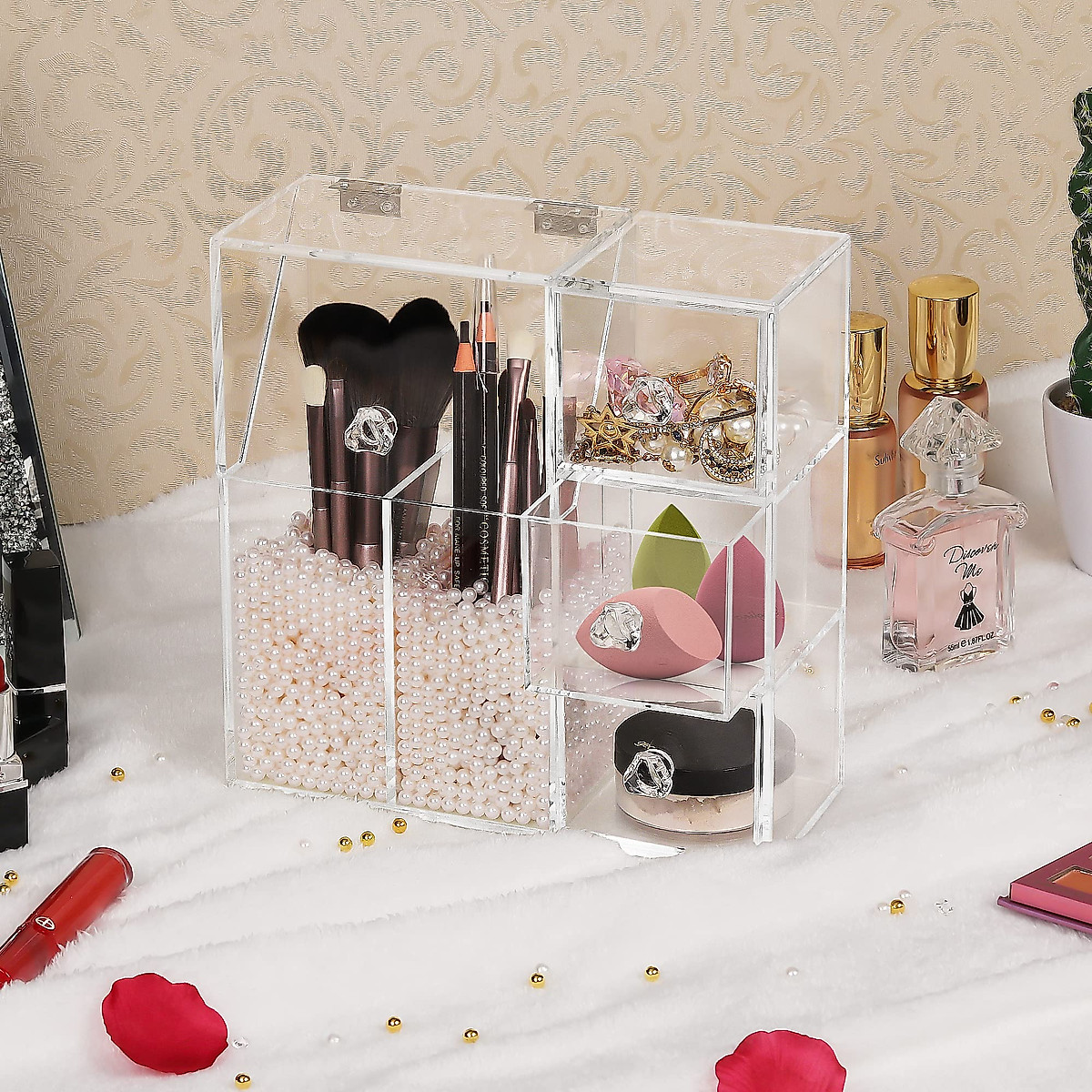 weddingwish Makeup Brush Holder with 3 drawers, Acrylic Makeup Organizer, Covered Costmetic Storage Box with Pink Beads,Heavy-Duty Acrylic, Bathroom Cosmetics Storage System…