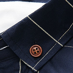 LOCALMODE Men's 100% Cotton Long Sleeve Plaid Slim Fit Button Down Dress Shirt,Navy Blue,Large