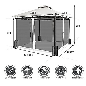 10x13 Gazebo with Mosquito Netting and Sand Bag, Aluminum Pole Outdoor Gazebo with Polyester Top, Fireproof Enclosure & Waterproof Screen Patio Tent, Garden Pavilion for Backyard, Lawn (Cream)