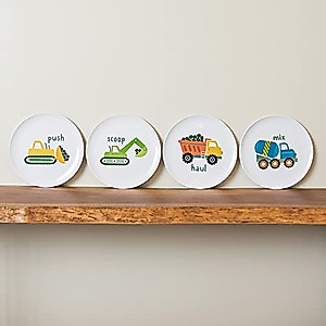Tiny Expressions – Construction Plates for Toddlers - Set of 4 Melamine Plates for Kids - Mixer, Excavator, Bulldozer, and Dump Truck - Fun Plastic Plates for Kids