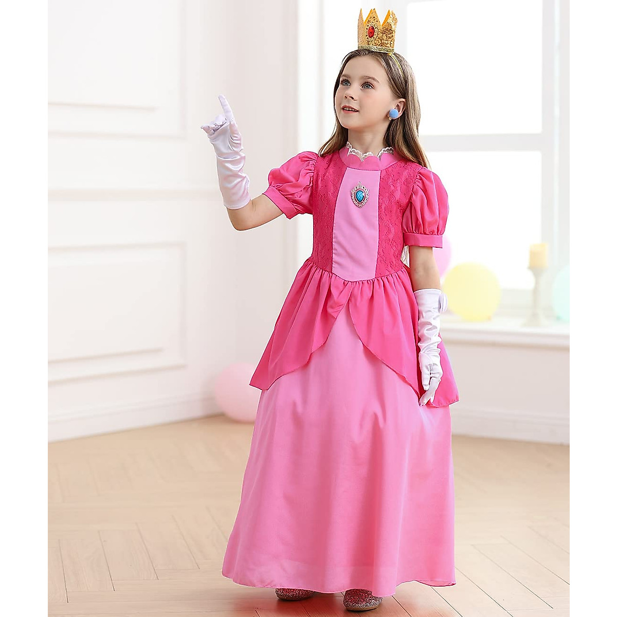 Luzlen Princess Peach Costume for Girls Kids Toddler Princess Peach Dress Halloween Cosplay Birthday Party Pink Outfits, 6-7Y(Tag 130)