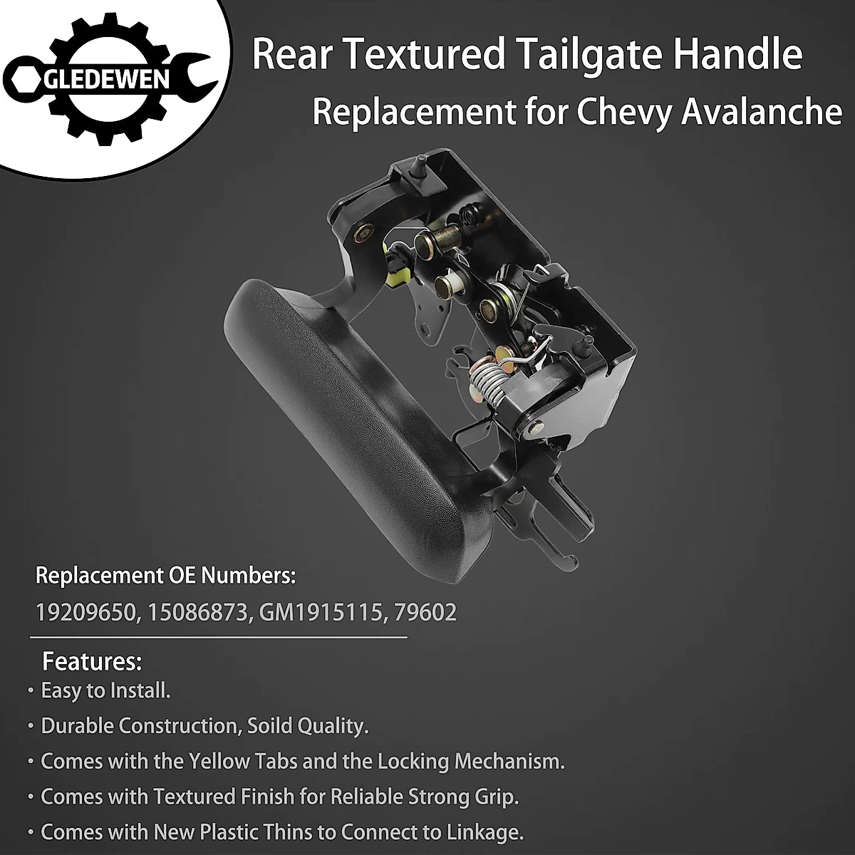 Gledewen Tailgate Door Handle, Compatible with Chevy Avalanche 1500 2500 Pickup 2002-2006, Exterior Rear Textured, | Replace# 19209650 15086873 GM1915115 Tail gate Outside Liftgate Latch Lock
