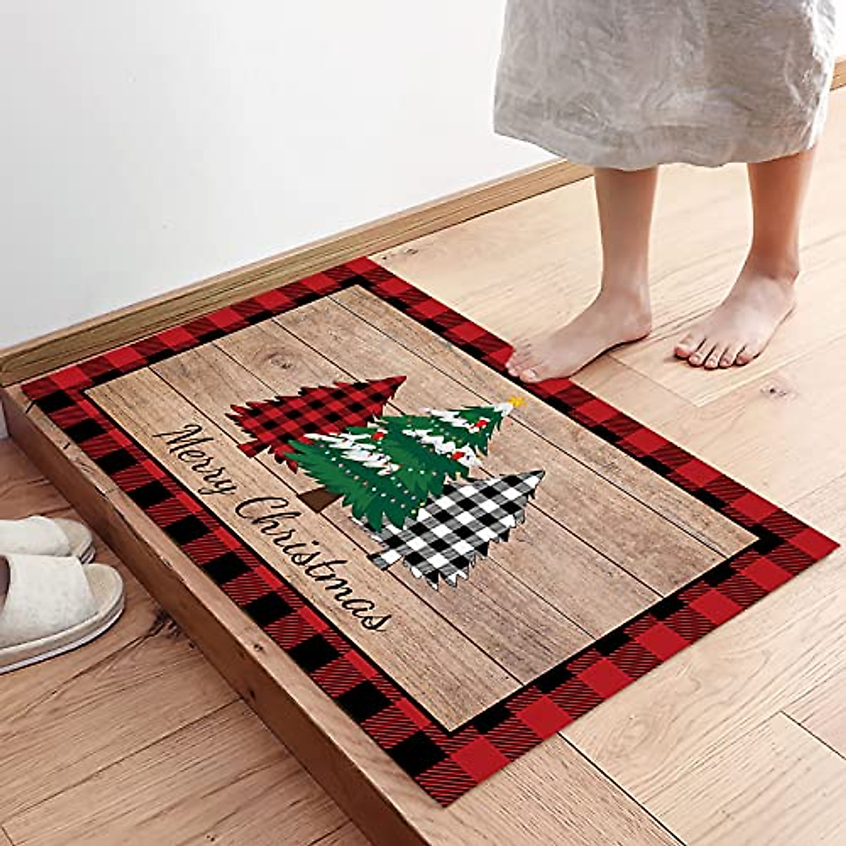Arts Print Kitchen Rug Mat Set of 2,Merry Christmas Buffalo Plaid Pine Tree Wooden Board Runner Rug,Non-Slip Durable Kitchen Floor Mat for Sink,15.7x23.6Inch+15.7x47.2Inch
