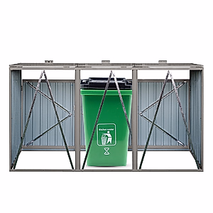 Garbage Bin Shed with Trash Cans, Galvanized Steel Outdoor Storage Trash Cans Yard Waste Container Cover with Lockable Doors for Garden Yard Lawn (Grey, 3 Trash Cans)