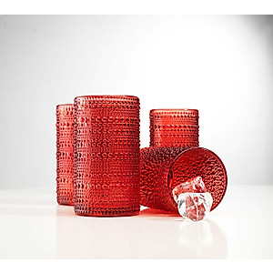 Glaver's Hobnail Drinking Glasses Set of 4 Red Vintage Glassware. 15 Oz. Everyday and Holiday Dinner Beaded Drinking Glasses for Water, Juice, Cocktail.
