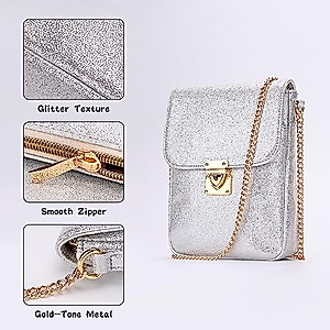 GAYI URBAN Glitter Cell Phone Crossbody Bags for Women, Sparkle Wallet Phone Purses with Chain, Small Ladies Clutch Purses (Silver)